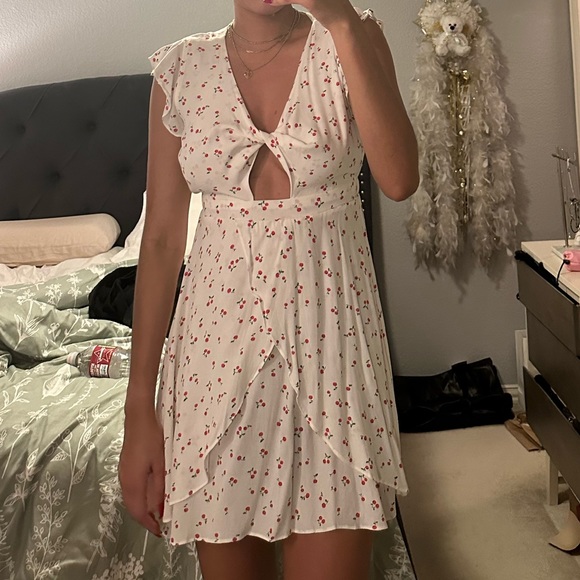 Urban Outfitters | Dresses | Cherry Print Keyhole Ruffle Sundress Mini ...